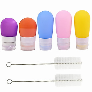 Accfore 5 Pack Squeeze Salad Dressing Bottles, 1.3oz and 2 oz. Portable Sauce Containers, Leak Proof Food Storage Condiment Bottles, Comes with 2 pcs Cleaning Brushes - 5 Colors