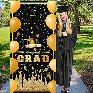 Mocossmy Graduation Door Banner 2022,Large Black Gold Congrats Grad Banner Door Covers Graduation Porch Sign Photo Booth Props Backdrop for Photography High School College Graduation Party Decoration