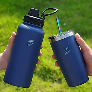 SUNNYPLUS 32oz&20oz Insulated Water Bottles,Bottle with Straw (2Lids),Travel Mug Tumbler with Straw and Lid,Leak Proof,Vacuum Double Walled Stainless Steel,Sports Bottle Keep Cold and Hot (Navy Blue)