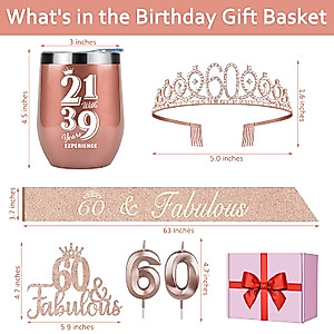 60th Birthday Decorations Gifts for Women Including Crown, Sash, Cake Topper, Candles and 12oz Wine or Coffee Tumbler Mug with Lid, Gifts for 60 Year Old Woman