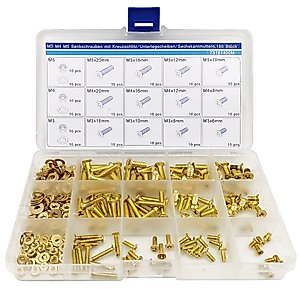 Huzstar M3 M4 M5 Phillips Brass Countersunk Head Machine Screws Nuts Washers Assortment, Copper