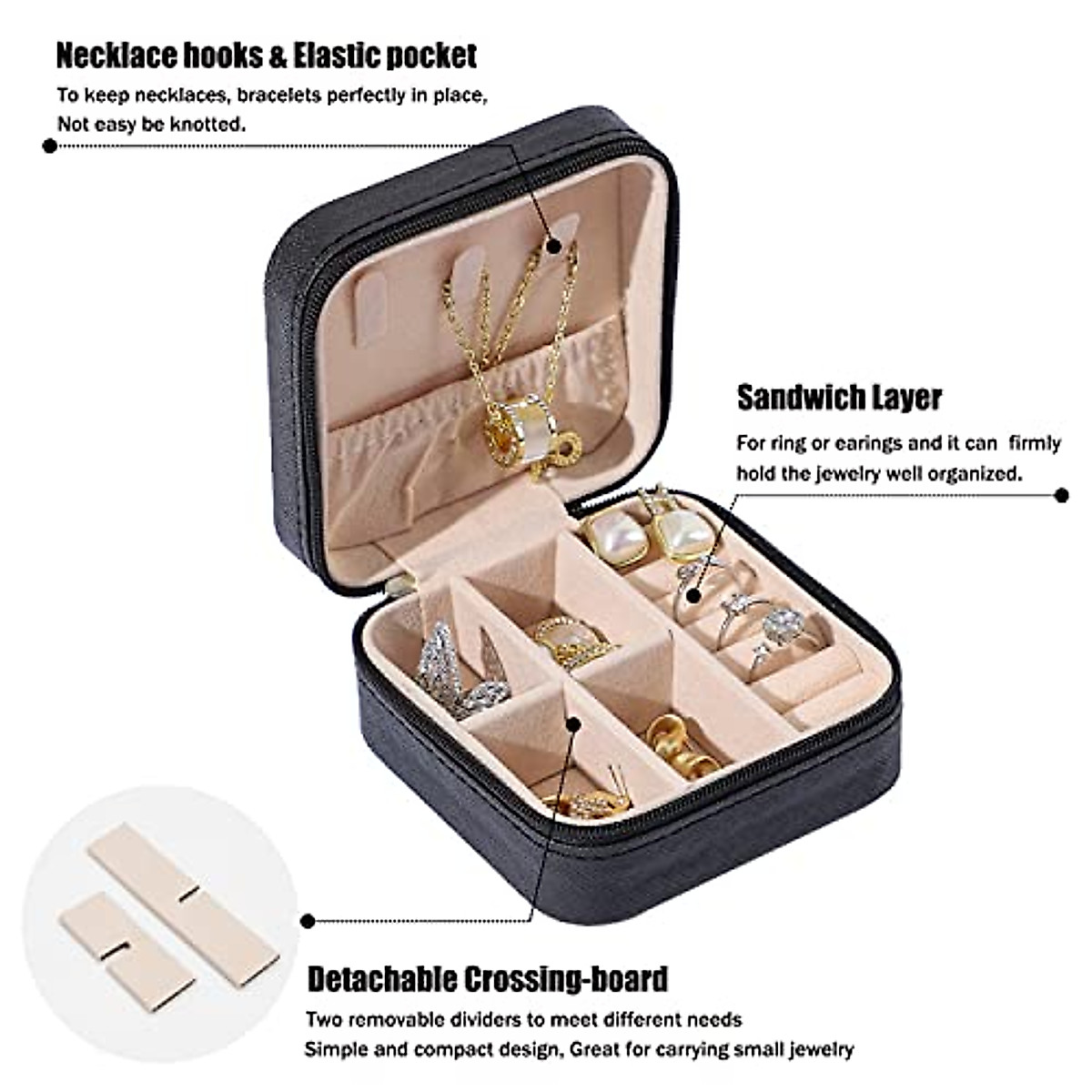 MODENGKONGJIAN Mini Jewelry Travel Case, PU Leather Travel Jewelry Organizer Box, Small Portable Portable Jewellery Storage Holder for Womens Rings Earrings Necklaces Bracelets (Black)