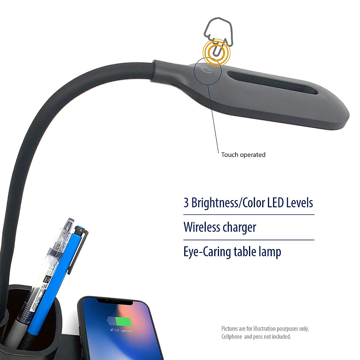 Deke Home 3 Brightness Level Dimmable LED Desk Wireless Charger Lamp with Pen Holder, Eye-Caring Table Lamps, Table Lights,3 Color, Wireless Charging, Flexible Rotation Touch Control Kids Night Light