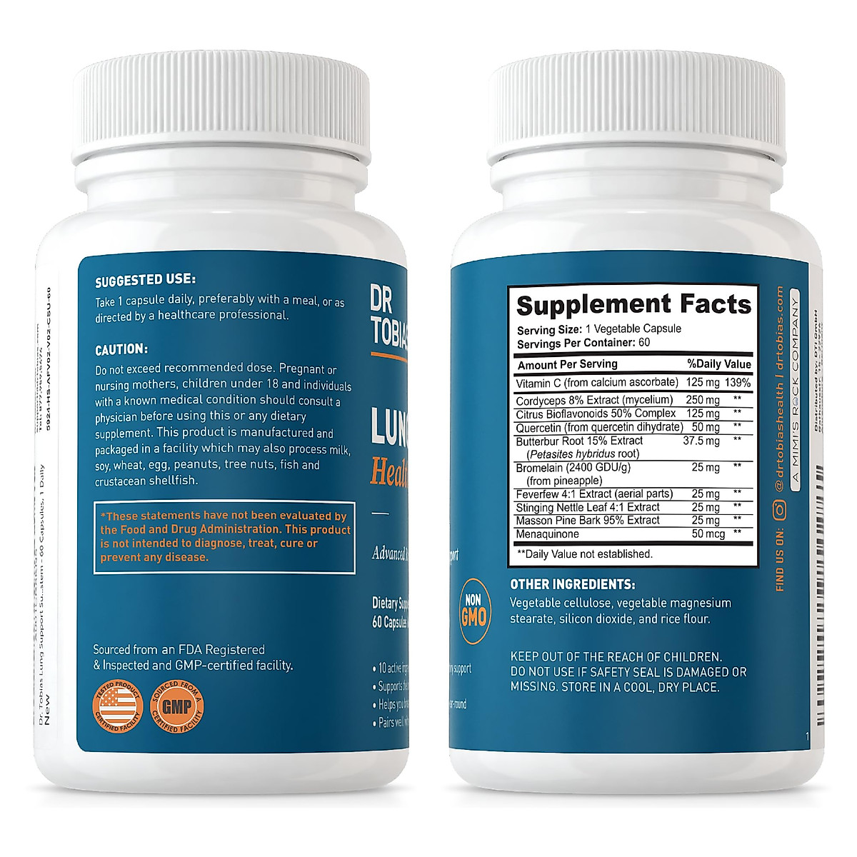 Dr. Tobias Lung Health, Lung Support Supplement with Vitamin C, Butterbur, Quercetin & Bromelain, Lung Cleanse & Detox Formula for Bronchial & Respiratory System, Non-GMO, 60 Capsules, 60 Servings