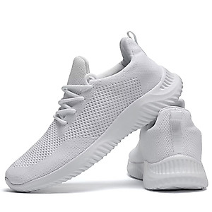Mens Slip-on Tennis Shoes Walking Running Sneakers Lightweight Breathable Casual Soft Sole Mesh Work Gym Trainers White