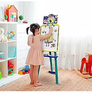 Spongebob Standing Art Easel for Kids, Toddler Drawing Dry Erase Magnetic Whiteboard, Chalkboard, Accessories and Number 1 in Service Tissue Pack (47 Pieces)