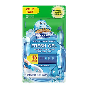 Scrubbing Bubbles Fresh Gel Toilet Cleaning Stamp, Rainshower, Dispenser with 24 Gel Stamps, 5.36 oz