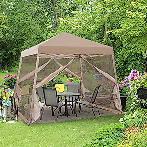 EAGLE PEAK 10x10 Slant Leg Easy Setup Pop Up Canopy Tent with Mosquito Netting 64 sqft of Shade, Beige