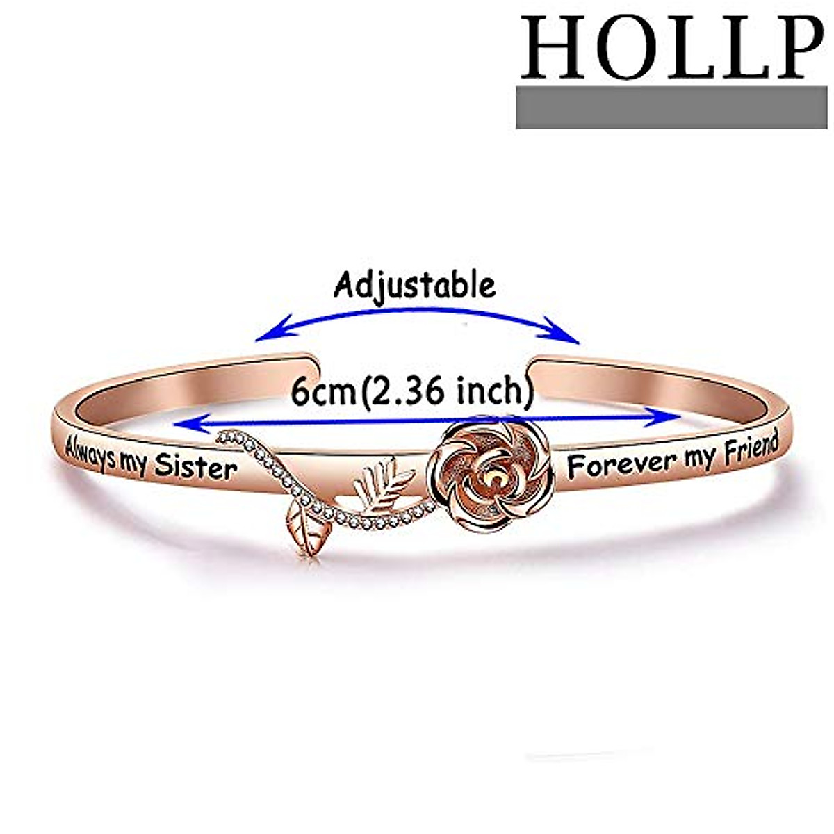 Best Friend Bracelet Sister Gift Always My Sister Forever My Friend Cuff Bracelet with Rose Flower Gift for Sisters Friendship Jewelry (Gold)