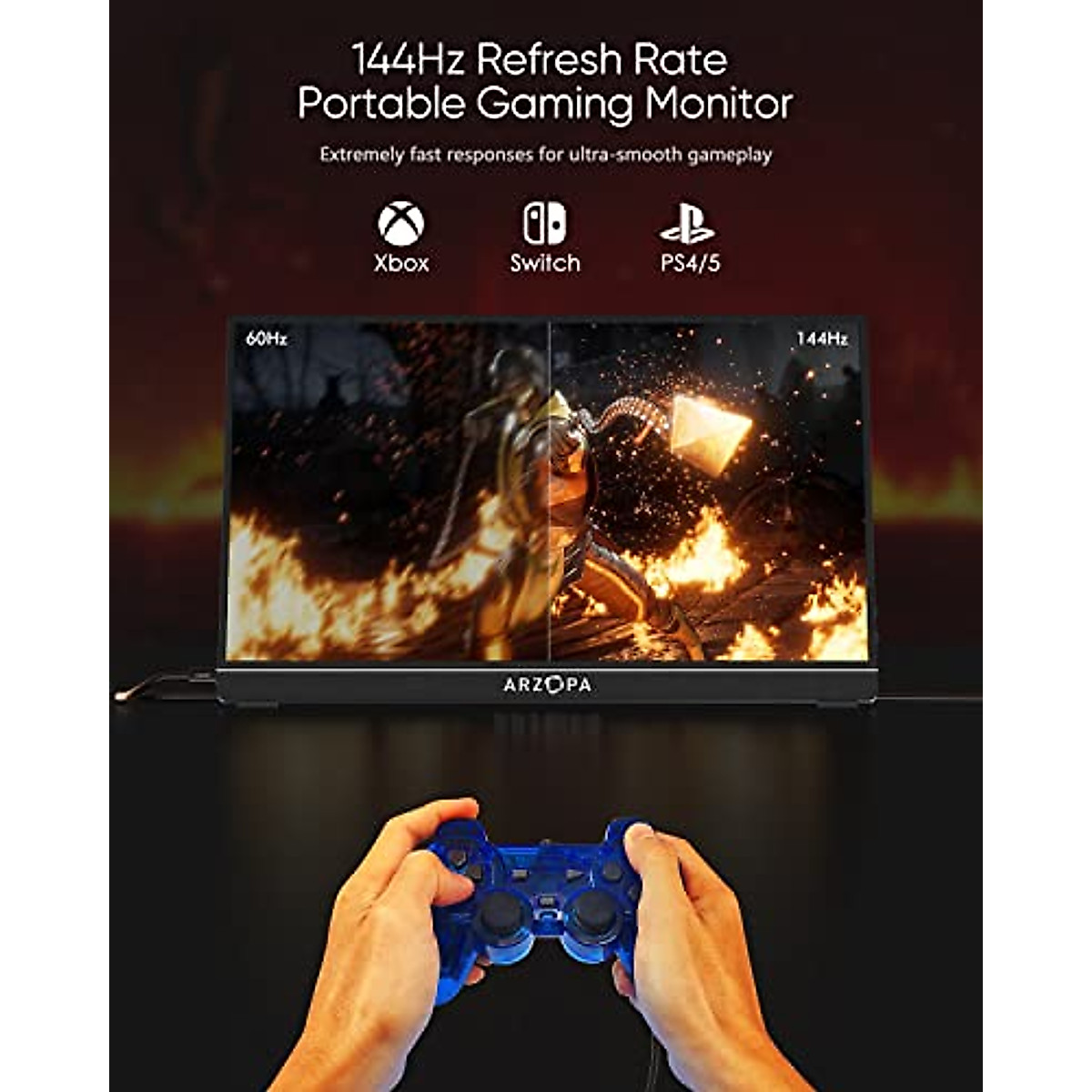 ARZOPA 15.6'' 144Hz Portable Gaming Monitor, 100% sRGB 1080P FHD Portable Monitor with HDR, Ultra Slim, Eye Care, External Second Screen for Laptop, PC, PS5, Mac, Xbox, Switch-G1 Game