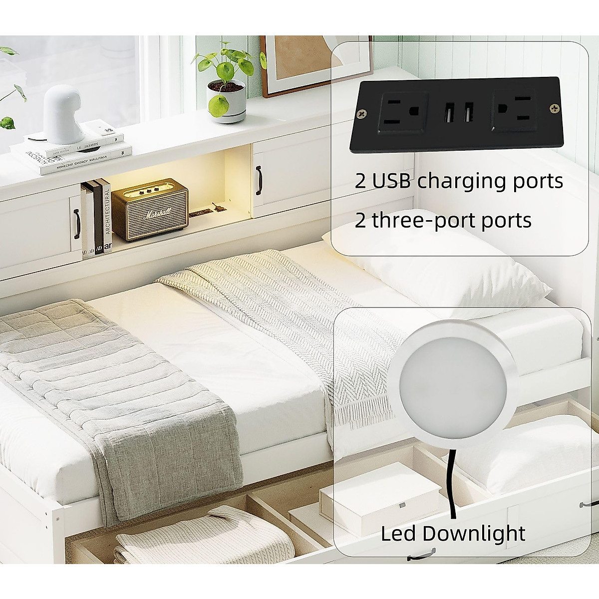 Merax Twin Size Corner Bed Frames with Storage Drawers and USB Port & Led Downlight Headboard, Wooden L-Shaped Captain Daybed for Small Room, Bedroom, Guest Room, Kids' Room, White