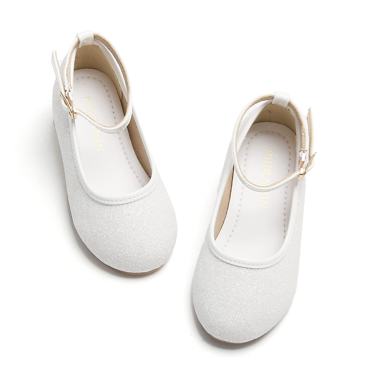 PHIRAMIN Toddler Flower Girl Glitter White Dress Shoes - Little Girl Ballet Flats Size 12 Wedding Party