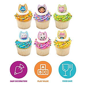 DecoPac DreamWorks Gabby's Dollhouse Rings, 24 Cupcake Decorations Featuring Gabby, Pandy Paws, Irresistible Kitty Characters, and Super Fun Adventures! - 24 Pack