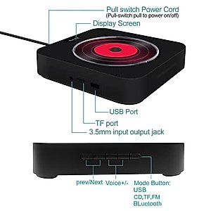 Portable Bluetooth CD Player,Wall Mountable CD Player for Home with Remote Control Dust Cover LCD Display Built-in HiFi Speakers FM Radio,Support CD/MP3/USB/TF/AUX Input Output (Black)