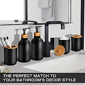 MIERTING Black Bathroom Accessories Set 5 Pcs, Matte Black Bathroom Accessory Sets, Soap Dispenser and Toothbrush Holder Set, Qtip & Cotton Ball Holder with Bamboo Lids, Boho, Modern Bathroom Decor