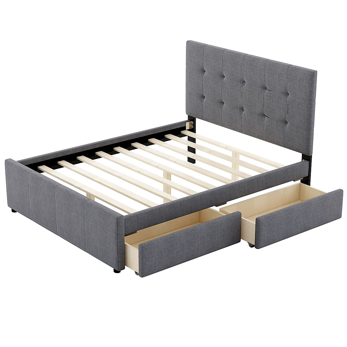 RUNWON Queen Size Linen Upholstered Platform Bed Frame with Headboard and Two Drawers for Bedroom, Grey