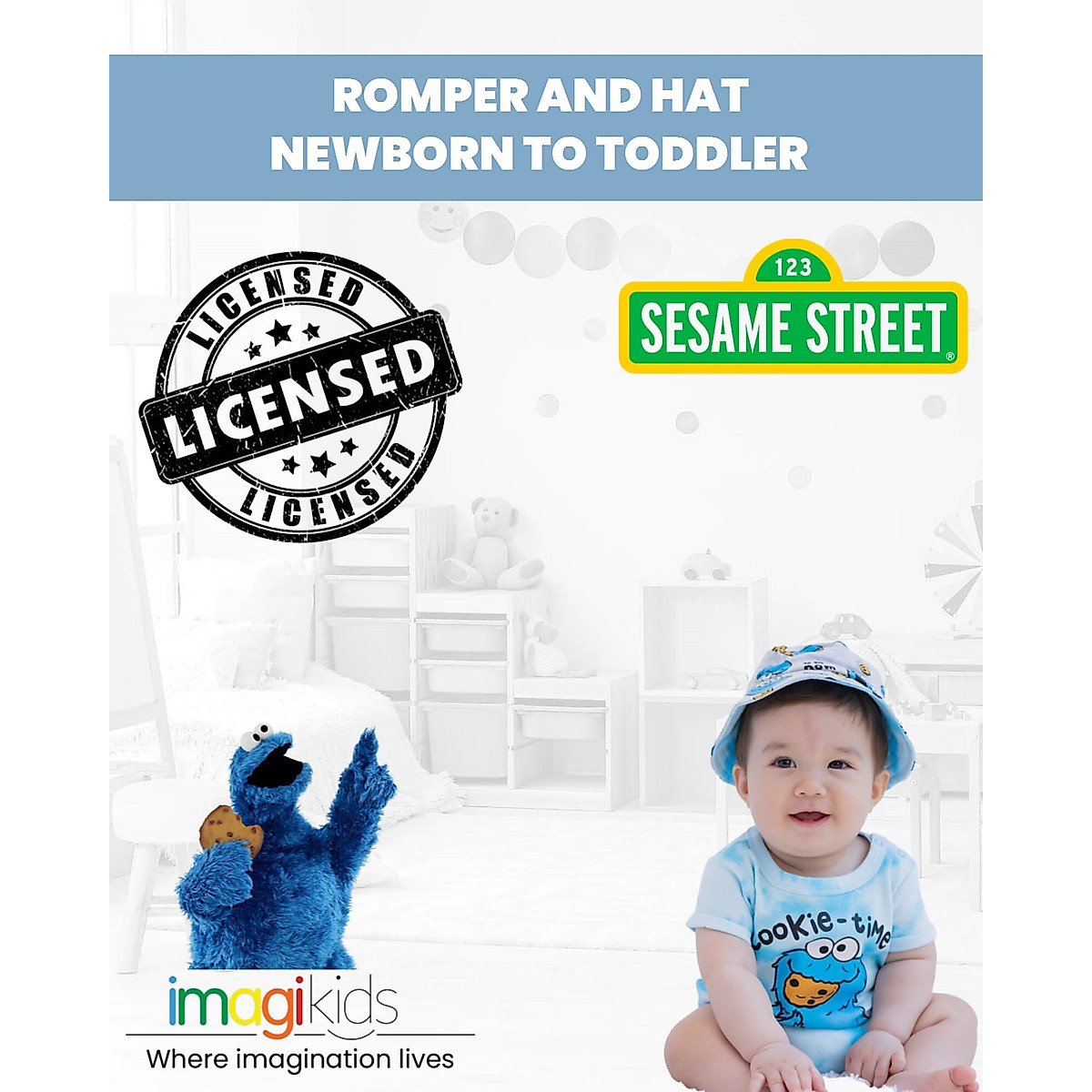 Sesame Street Cookie Monster Infant Baby Boys Romper and Hat Tie Dye Blue/Gray 6-9 Months