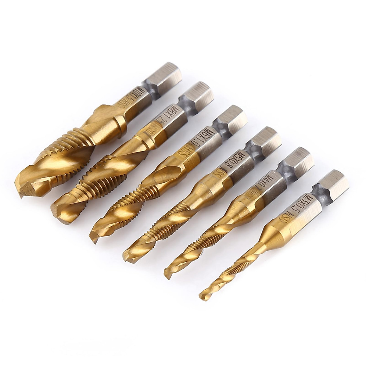 6Pcs Combination Drill and Tap Set, Metric Thread M3-M10 Screw Tapping Tool 1/4" Hex Shank Plated HSS
