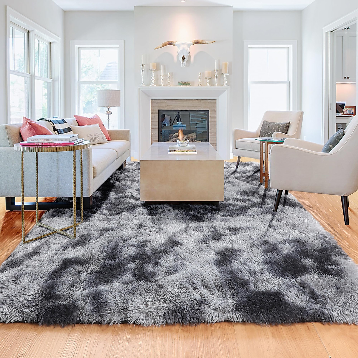 SAZAMI Fluffy Soft Shag Area Rug 4x6 Tie-Dye Dark Grey Fuzzy Non-Slip Accent Rug for Bedroom, Small Thick Throw Rugs for Nursery Playroom Dorm, Home Modern Plush Furry Carpet Decor for Kids Teen Baby