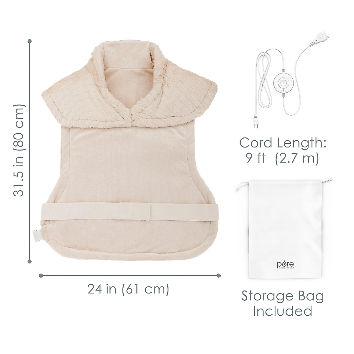 Pure Enrichment® PureRadiance™ Back & Neck Luxury Heating Pad for Pain Relief, Patented Design, Soft Faux Fur & Micromink, 6 Heat Settings, Machine Washable, Universal Fit, 31.5” x 24” (Golden Sands)