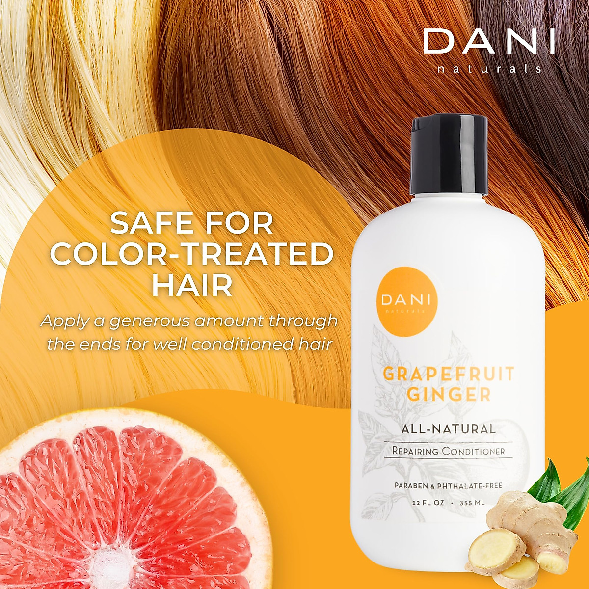 DANI Natural Nourishing Conditioner Naturals - Organic Ingredients Hydrate & Strengthen Hair - Sulfate, Phthalate & Paraben Free - Vegan & Cruelty Free - 12 Ounces (Grapefruit Ginger)