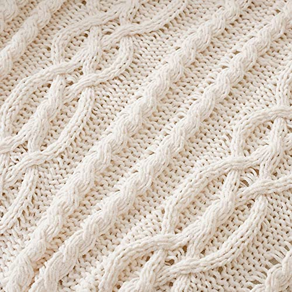 Battilo Cream White Ivory Throw Blanket for Couch, 51x 67 Inch, Woven Chenille Knit Throw Blanket for Chair, Super Soft Warm Decorative Textured Throw Blanket for Bed, Sofa and Living Room.