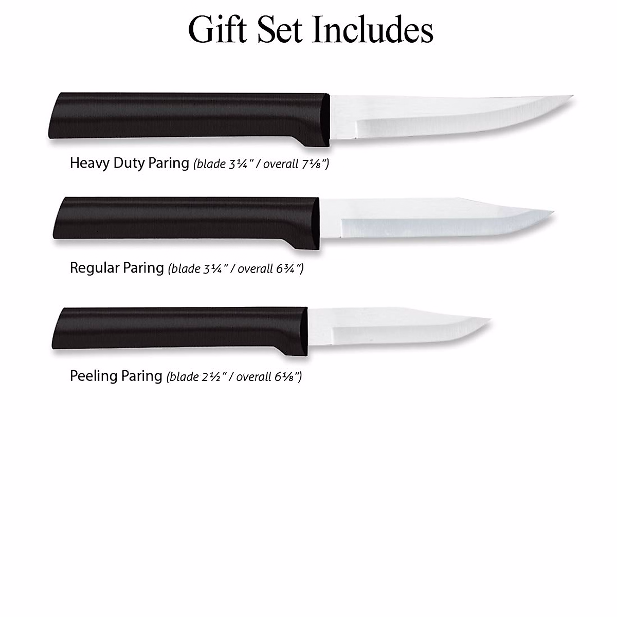 Rada Cutlery Paring Knife Set 3 Knives Blades Stainless Steel Resin Made in The USA, 2-1/2”, 3-1/4”, Black Handle