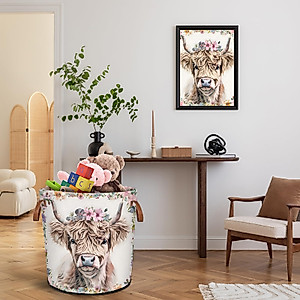 Mozaigos Highland Cow Laundry Basket Waterproof Collapsible Laundry Hamper Tote With Handles Toy Storage Basket Organizer Dirty Clothes Hamper for College Dorm, Bathroom, Bedroom, Living Room