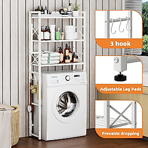 Simple Trending Over The Toilet Storage Rack with Toilet Paper Holder, Heavy Duty Metal 3 Tier Bathroom Organizer Shelf with 3 Hooks, White