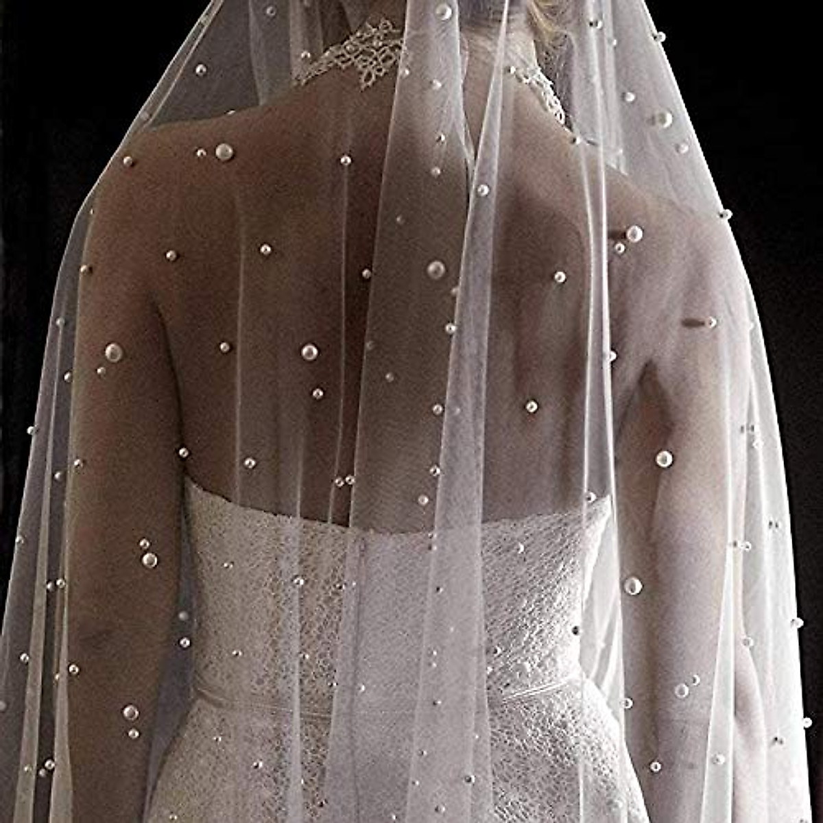 Pearl Wedding Veil for Bride Long Bridal Veil with Beading Comb Cathedral Length (Ivory,3Meters)