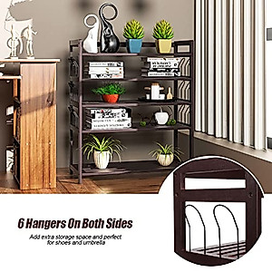 Bamboo Shoe Rack,Sundries rack Kitchen shelf 5 Tier Wooden Shoe Shelf Storage Organizer With Additional hangers,Perfect for Entryway,Hallway,Bathroom Closet or Living Room (Brown)