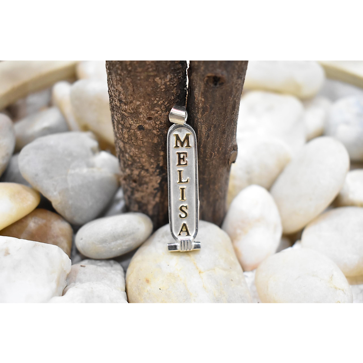 FAMA.store Customize Personalized pendant Egyptian Cartouche Necklace Sterling Silver and 18k gold symbols one Side Translate into Hieroglyphs Handmade in Egypt (1.75 inch (4-5 Letters))