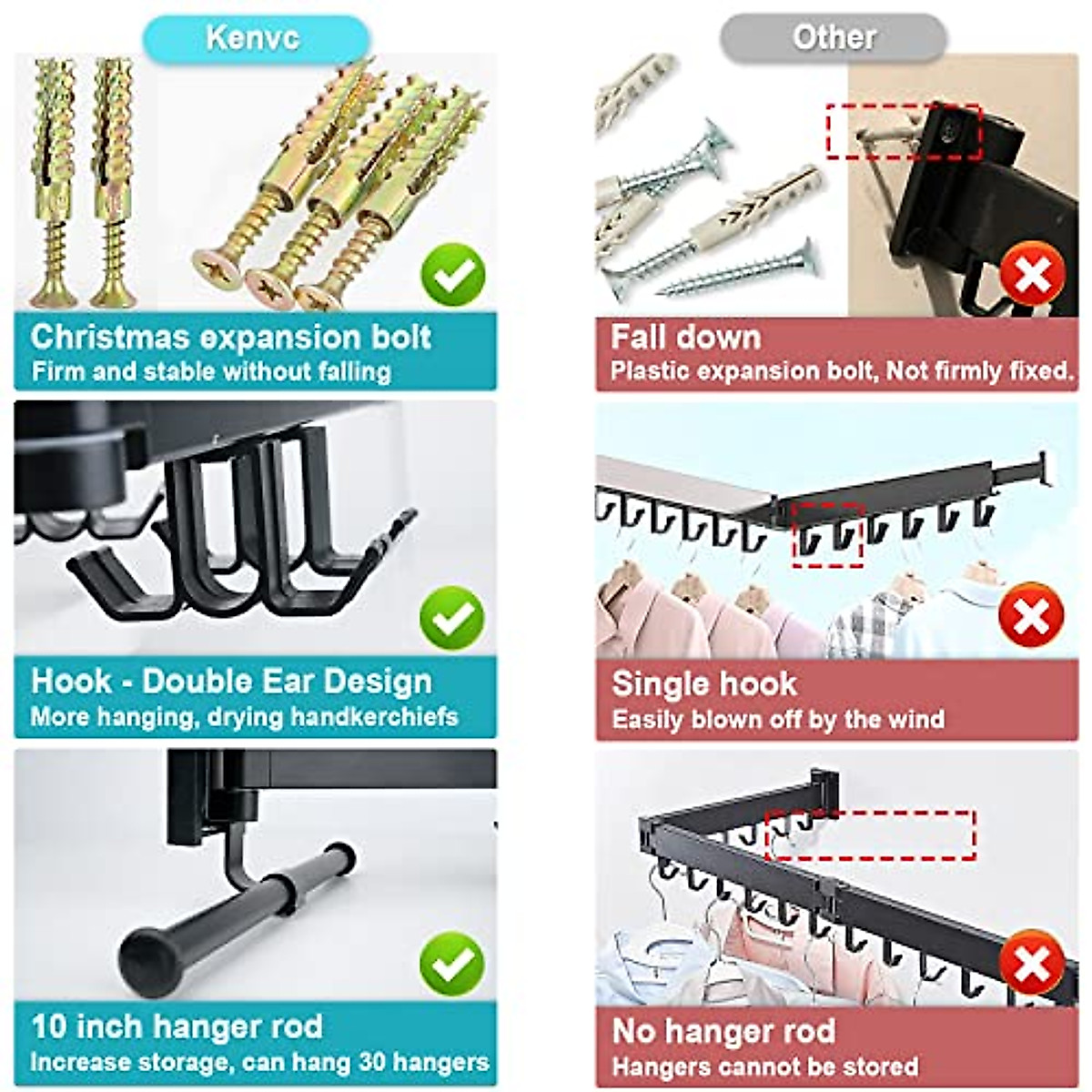 Kenvc 【Upgrade】 Wall Mounted Clothes Drying Rack,Laundry Drying Rack Wall Mount,Drying Rack Clothing for Laundry,3-Pole Collapsible,Retractable Clothes Drying Rack for Laundry,24 Hooks (Black)