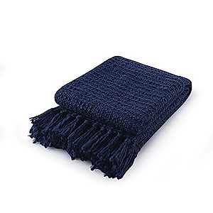 Chunky Knit Throw Blanket, Navy Blue Soft Warm Cozy Bed Throw Blanket with Tassels, Boho Style Textured Knitted Home Decorative Blanket for Couch, Sofa &Bed, 50"x60"