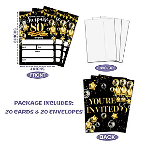 Surprise 80th Birthday Party Invitation, Black and Gold Fill-In Invites For Adult Woman & Man, 20 Invitations With Envelopes(4" x 6"), Party Favors Decorations And Supplies-06