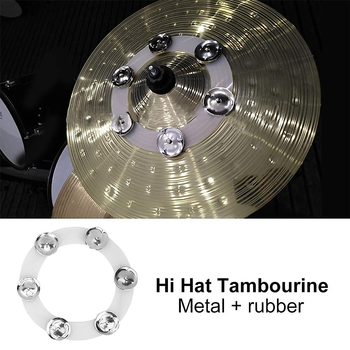 Drum Cymbals Hi Hat Tambourine Stainless Steel and Rubber Hi Hat Tambourine with Two Color for Drum Set Performance(Silver)