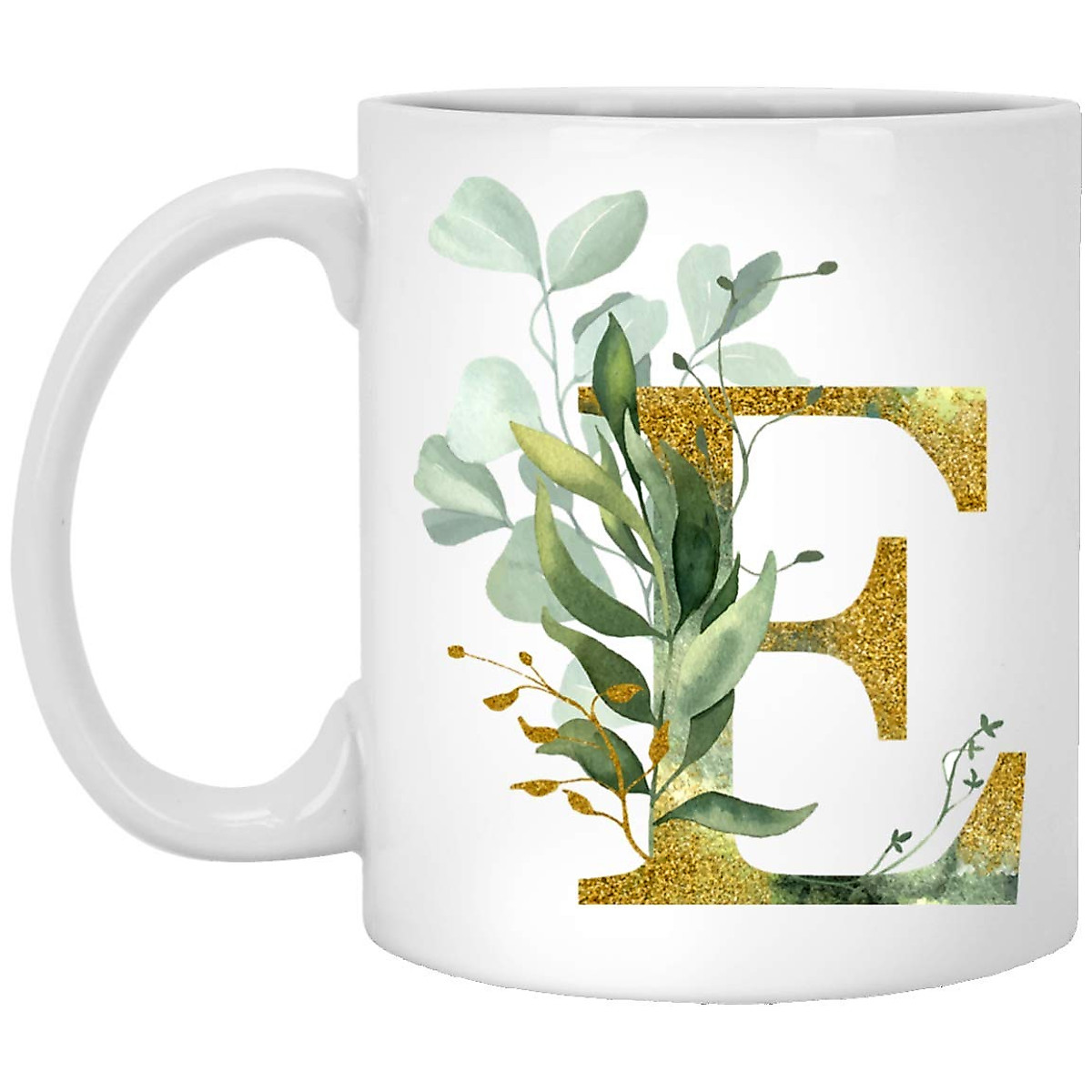 Alpha/E Graphic Letter E Coffee Mug - Alphabet Monogram E - Gold Shimmer Floral Tea Cup for Her Birthday, Christmas, Mother's Day - 11oz