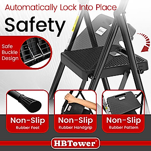 HBTower 2 Step Ladder, Folding Step Stool with Wide Anti-Slip Pedal, Sturdy Steel Ladder, Convenient Handgrip, Lightweight 500lbs Portable Steel Step Stool, Black
