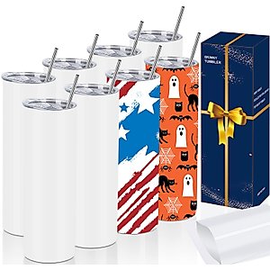 Tswofia 8 Pack Straight Sublimation Tumblers Set 20 Oz Skinny, Stainless Steel Skinny Sublimation Tumbler Blank With Shrink Wrap Film Lid Straw Set,Individually Boxed, Not Tapered
