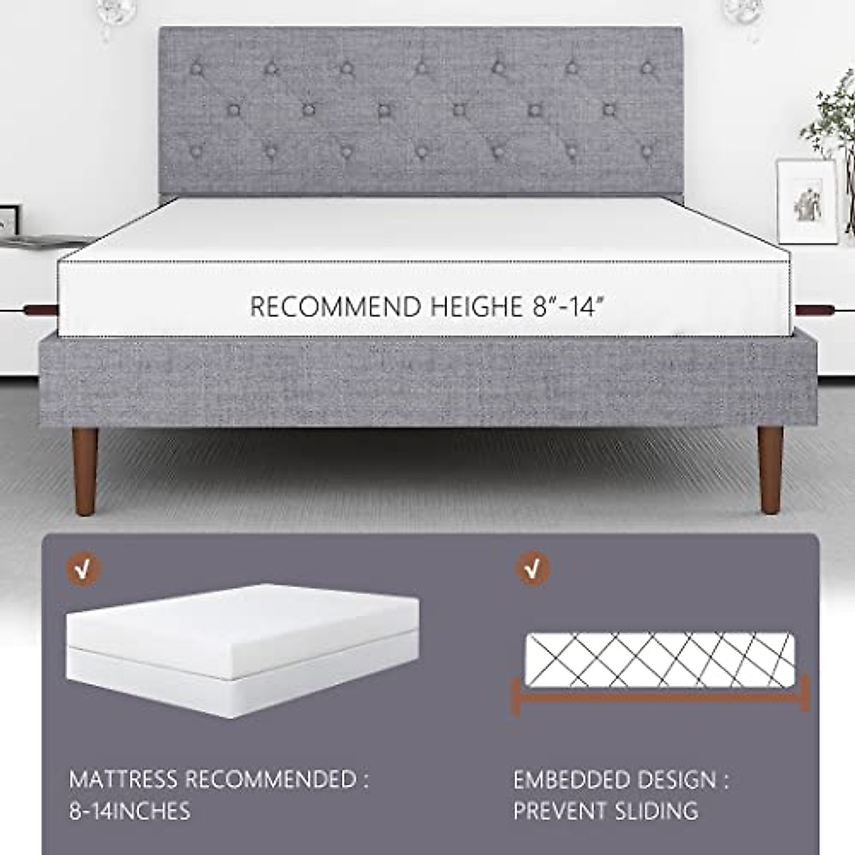 Yegee Upholstered Platform Bed Frame Wood Slat Support No Box Spring Needed Deep Button Tufting Headboard Solid Wood Foot (Grey, Queen)