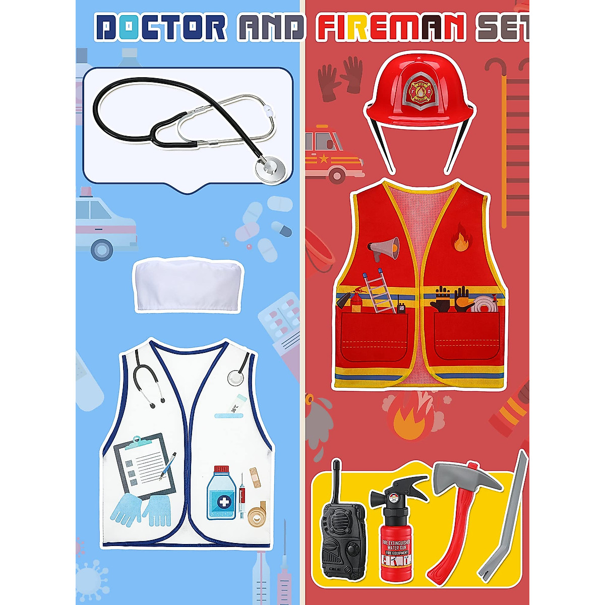 Hungdao 6 Sets Kids Dressing up Costumes, Toddler Dressing up and Pretend for Age 6-10 for Dress up Police,fireman, Doctor,construction Worker, Chef and Explorer