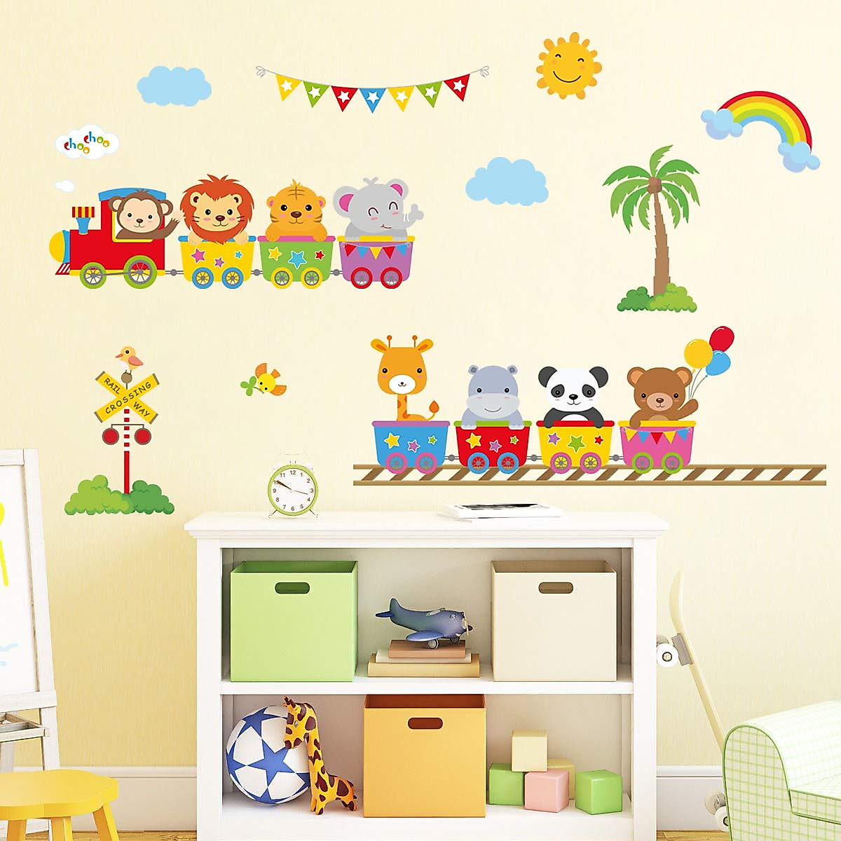 decalmile Animal Train Wall Decals Jungle Themed Wall Stickers Baby Nursery Kids Bedroom Wall Decor
