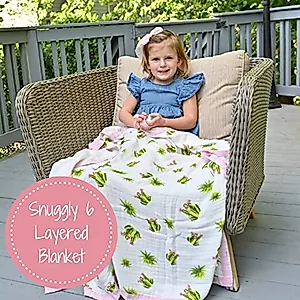 LollyBanks Muslin Quilt Blanket, Large 47 x 47 Inches Versatile Crib Blanket for Baby Girls, 6 Layers Newborn Blanket, Soft Blend 70% Viscose Made from Bamboo + 30% Cotton, Registry (Cactus Print)