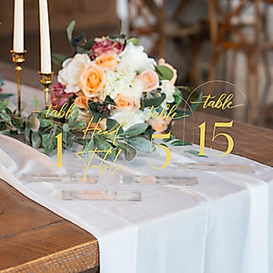 Clear Arch Acrylic Table Numbers for Wedding Reception - 10 Pack 5" x 7" Gold Font Table Number Centerpiece Set with Holder Stands & Head Table Sign - Anniversary, Event, Party, Wedding Table Numbers