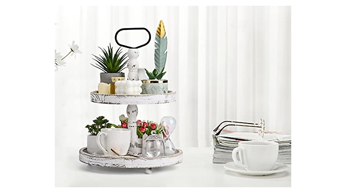 Rustic Two Tier Wooden Tray Stand for Home Decor