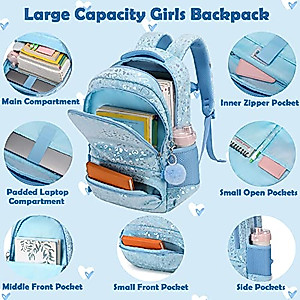 Kids Backpack Set for Girls, 3PCS Cute Soft Plush School Bookbag with Lunch Box Pencil Case Large Capacity Blue Kids Bag for Toddler Preschool Kindergarten Elementary Girls