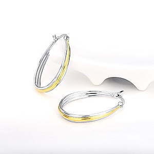 Two Tone Hoop Earrings for Women Gold And Silver Small Sterling Silver Oval Grooved Hoop Earrings Jewelry Gifts