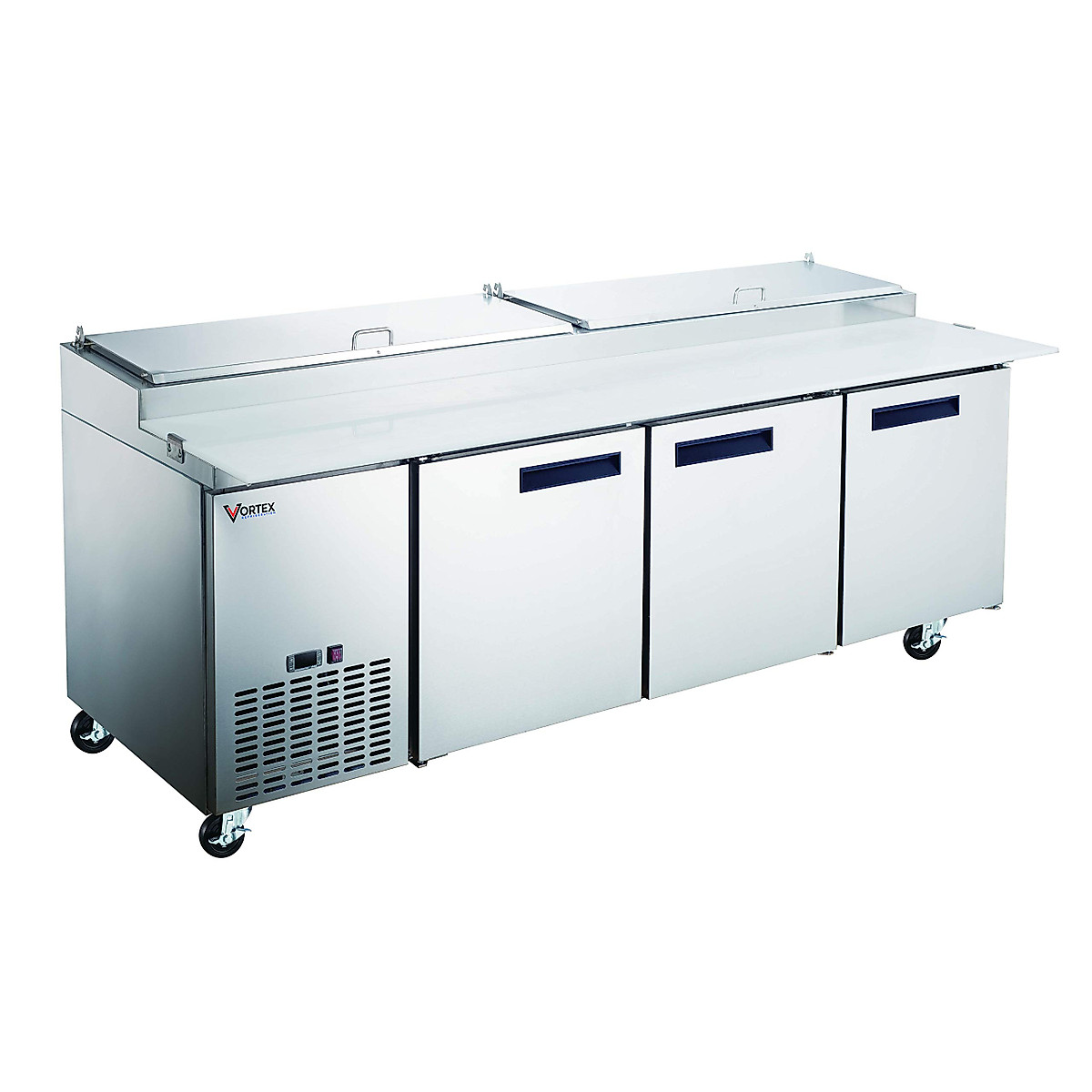Commercial Grade Pizza Prep Table | Stainless Steel | 3 Doors | Insulated Lids | 19.5” x ½” Cutting Board Included | (12) 1/3 Size Pans Included | 91.9” x 31.5” x 39.4” | R-290 Natural Refrigerant