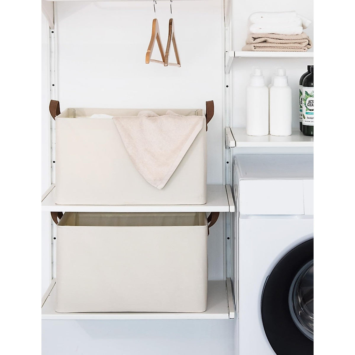 StorageWorks 45L Extra Large Fabric Storage Bins with PU Handles, Storage Baskets for Organizing, Large Laundry Basket, 2-Pack, Beige, 19" L X 13.25" W X 11" H