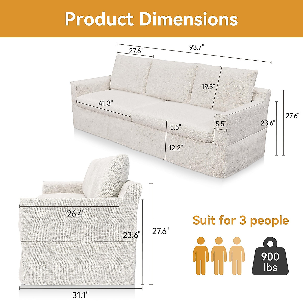 AMICLIBER Modern 3-Seater Sofa,93" Slipcovered Sofa Soft Chenille Fabric Couch with Deep Seat Removable Cover for Living Room,Apartment,Bedroom,Office,Creamy White